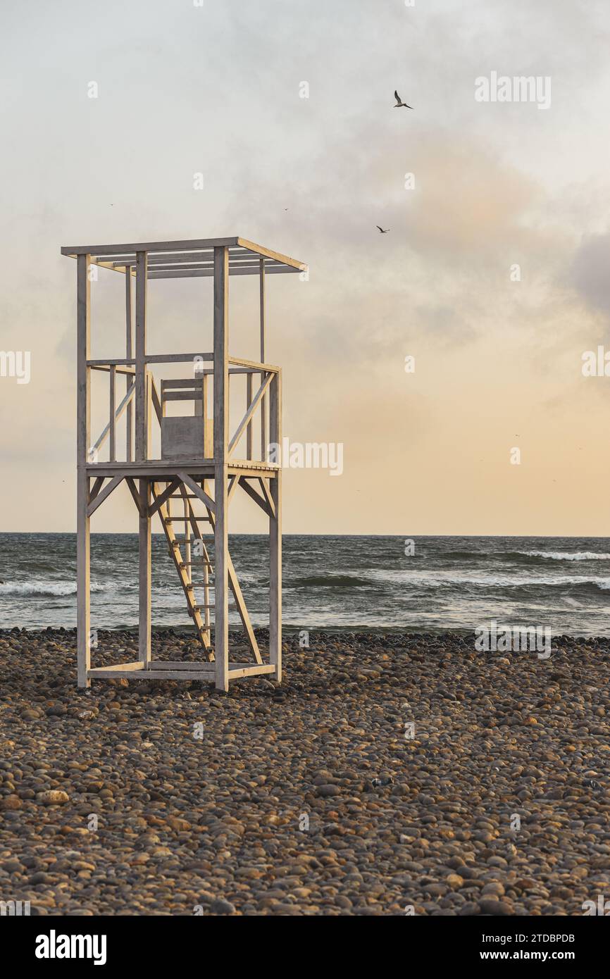 Wooden white baywatch lookout tower, Playa el Malecon, La Punta, Lima ...