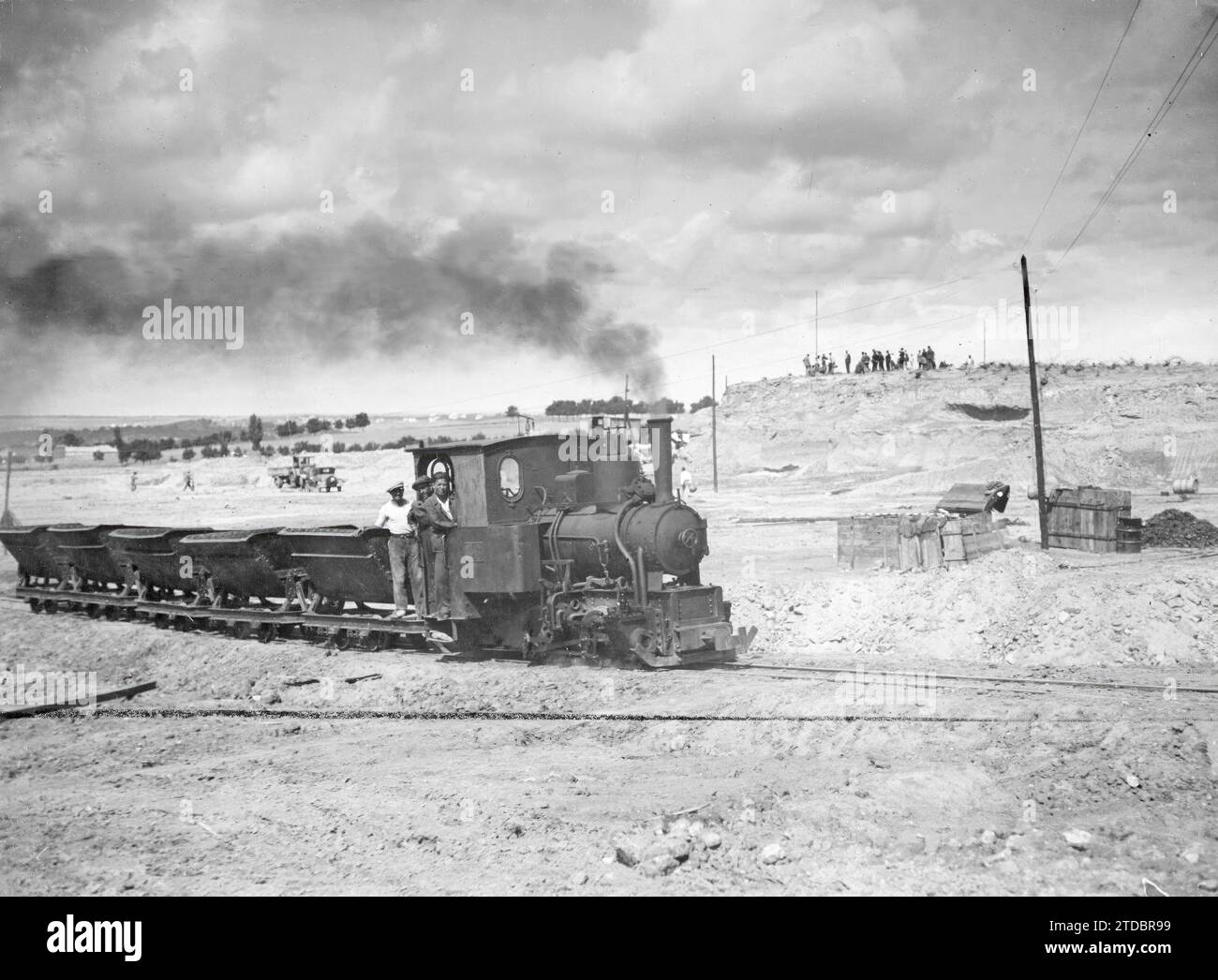Madrid, June 1929. A small train used in the work of clearing the land ...