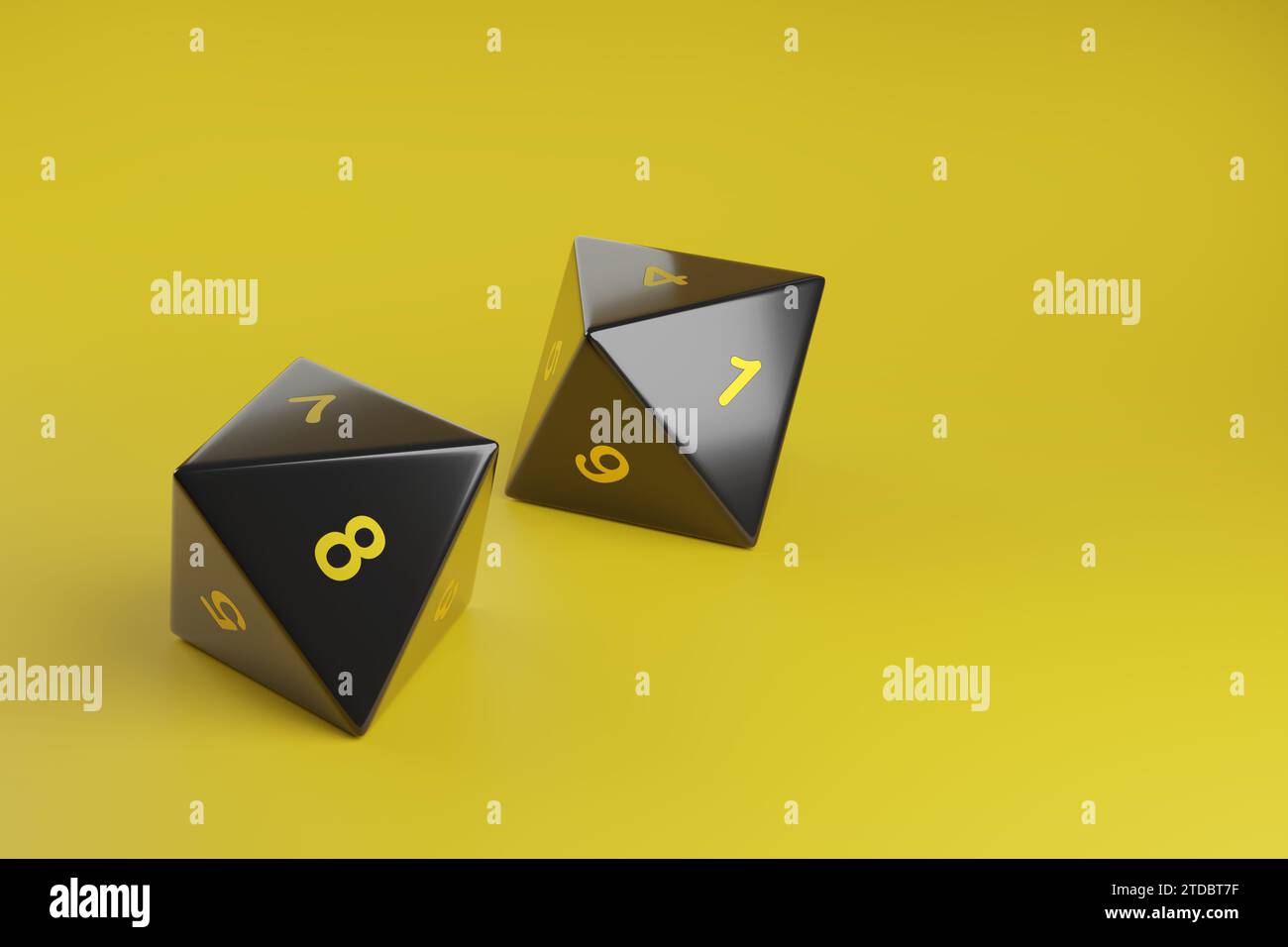 A pair of octahedron dice isolated on yellow background. 3d ...