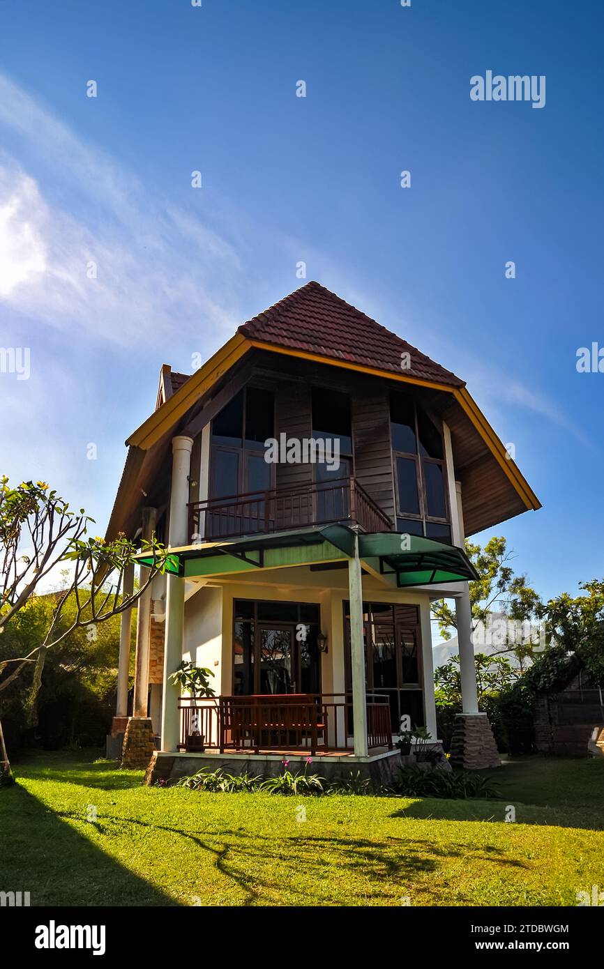 terraced rest house in the valley with blue sky background Stock Photo ...