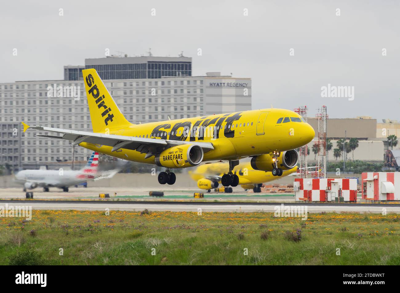Spirit Airlines Airbus jet shown landing at LAX, Los Angeles ...