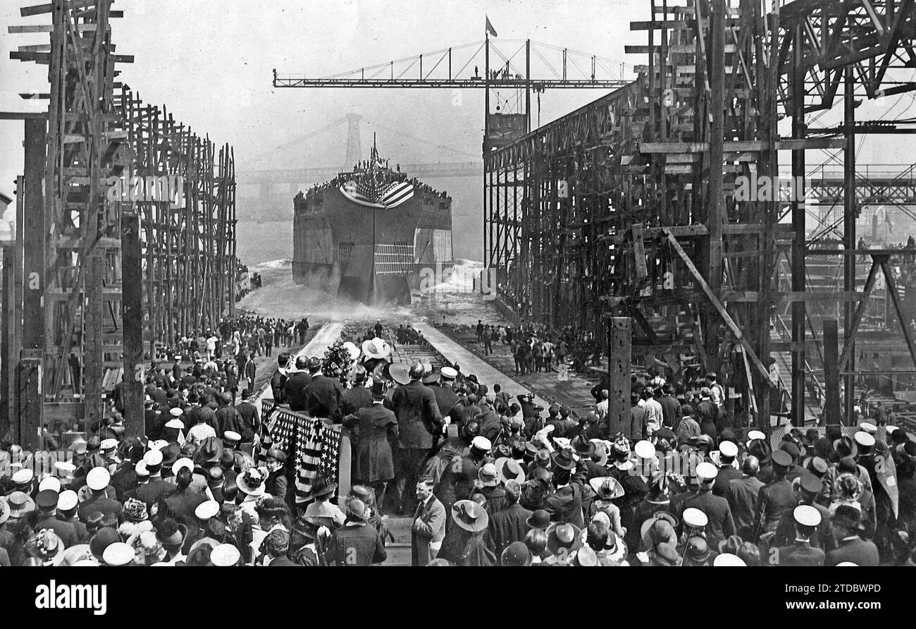 July 1917. From the Yankee Navy. Launching of the new 32,000-ton ...