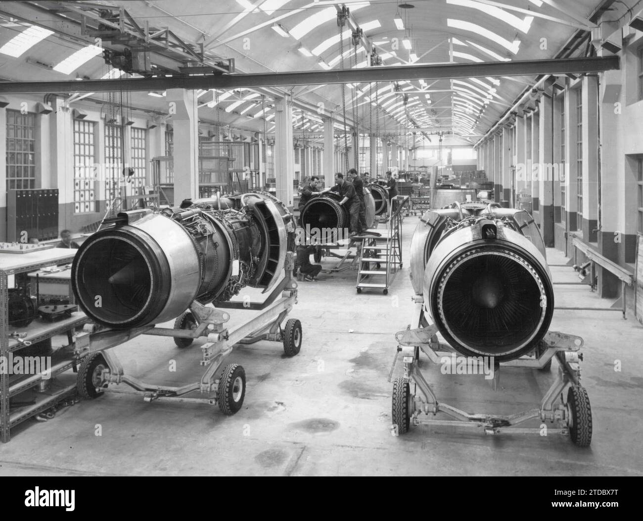 Spain, 1967. Interior of the Iberia workshops, where jet engines are ...