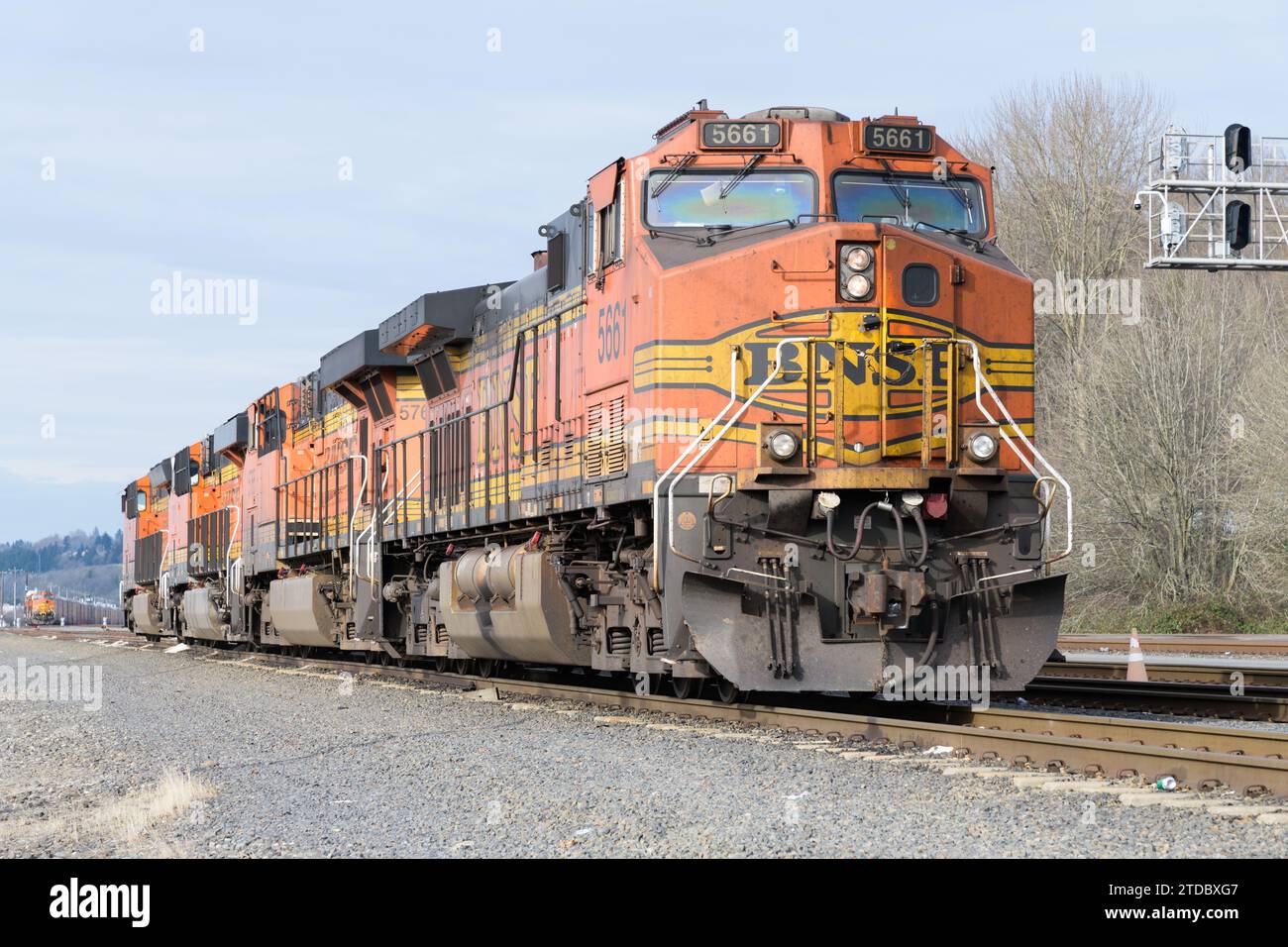 Seattle, WA, USA - February 12, 2023; Row of BNSF locomotives waiting ...