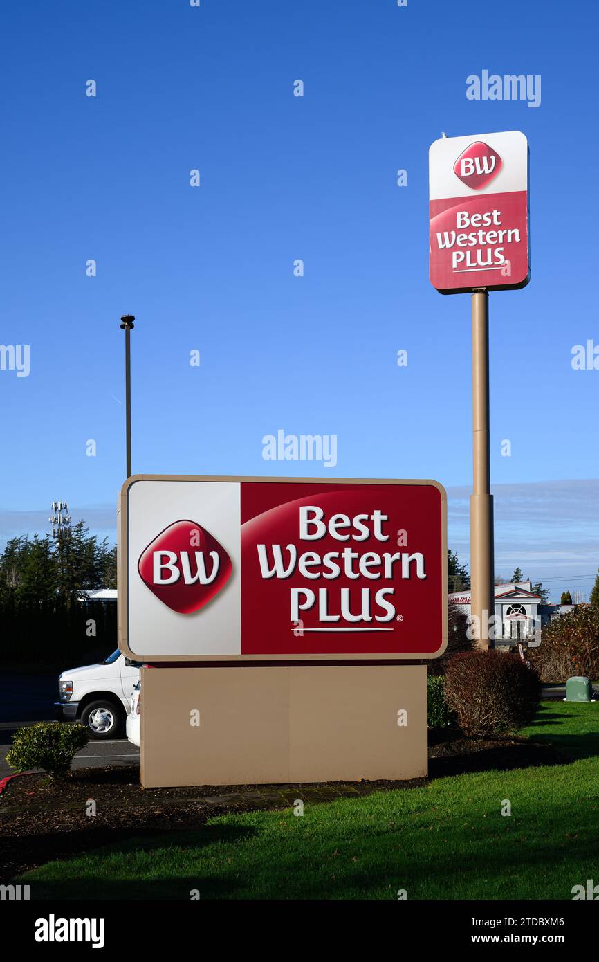 Bellingham, WA, USA - December 16, 2023; Two red and white Best Western ...