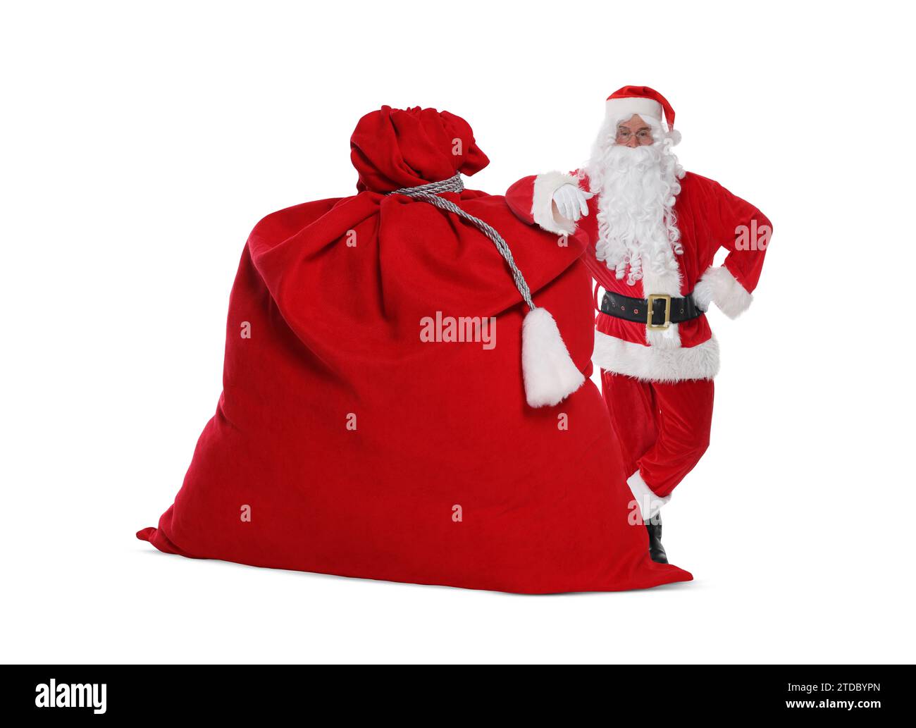 Santa Claus with big red bag full of Christmas presents on white ...