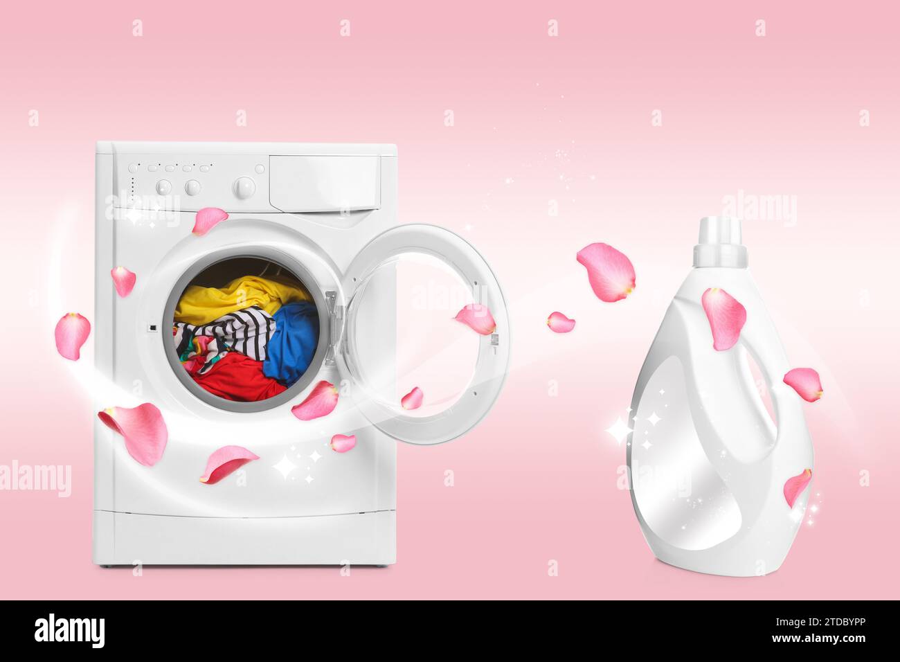 Fabric softener advertising design. Flower petals flying around bottle ...