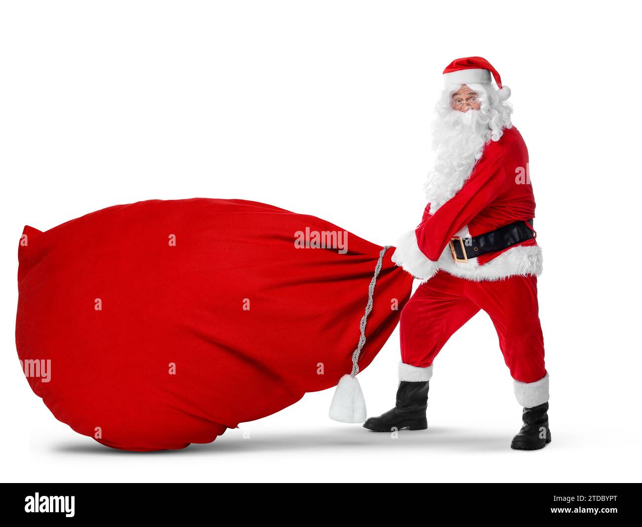 Santa Claus with big red bag full of Christmas presents on white ...