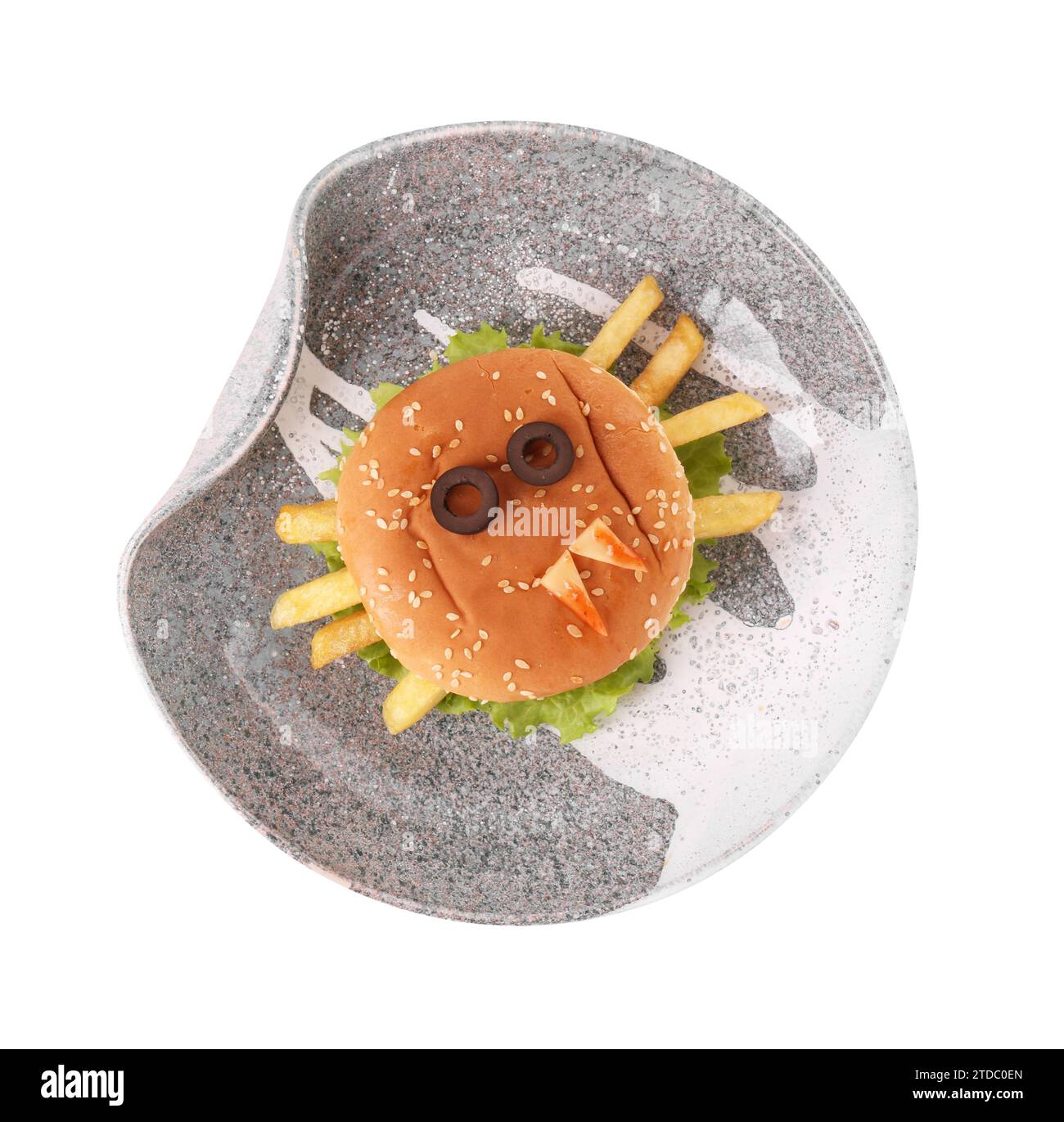 Plate with tasty monster sandwich isolated on white, top view ...