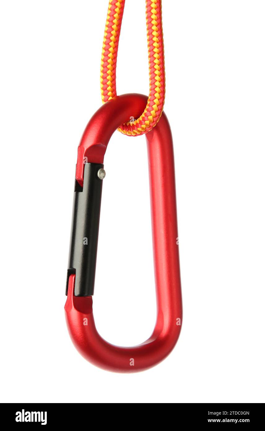 One metal carabiner with rope isolated on white Stock Photo - Alamy