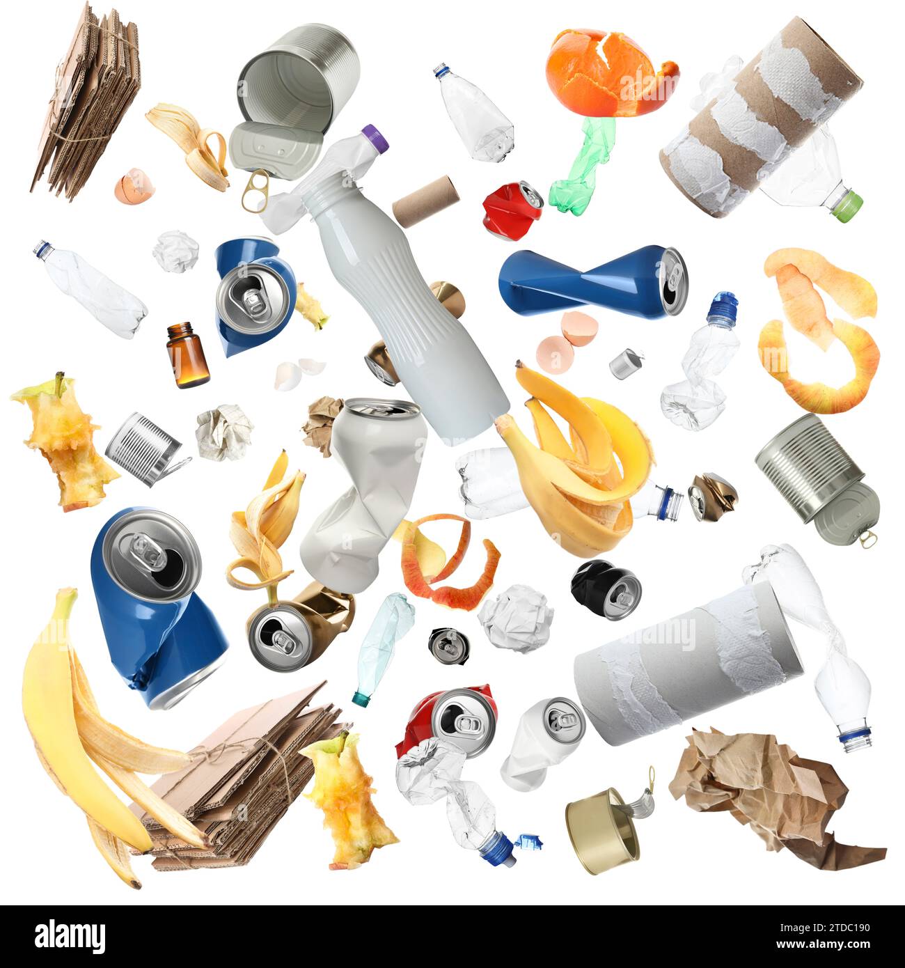 Lots of different garbage flying on white background Stock Photo - Alamy