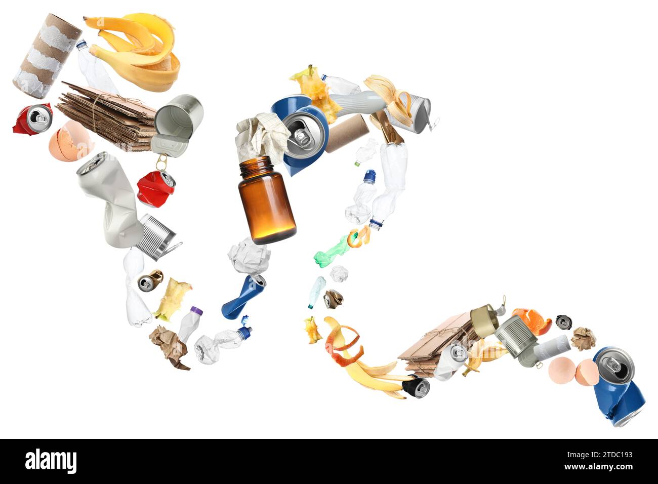 Lots of different garbage flying on white background Stock Photo - Alamy