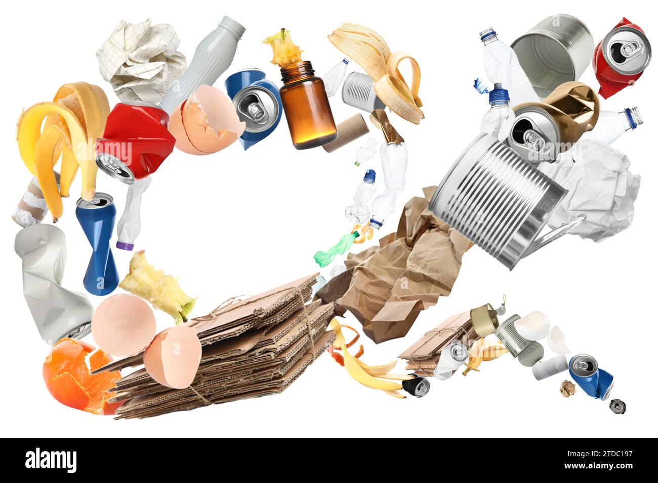Lots of different garbage flying on white background Stock Photo - Alamy