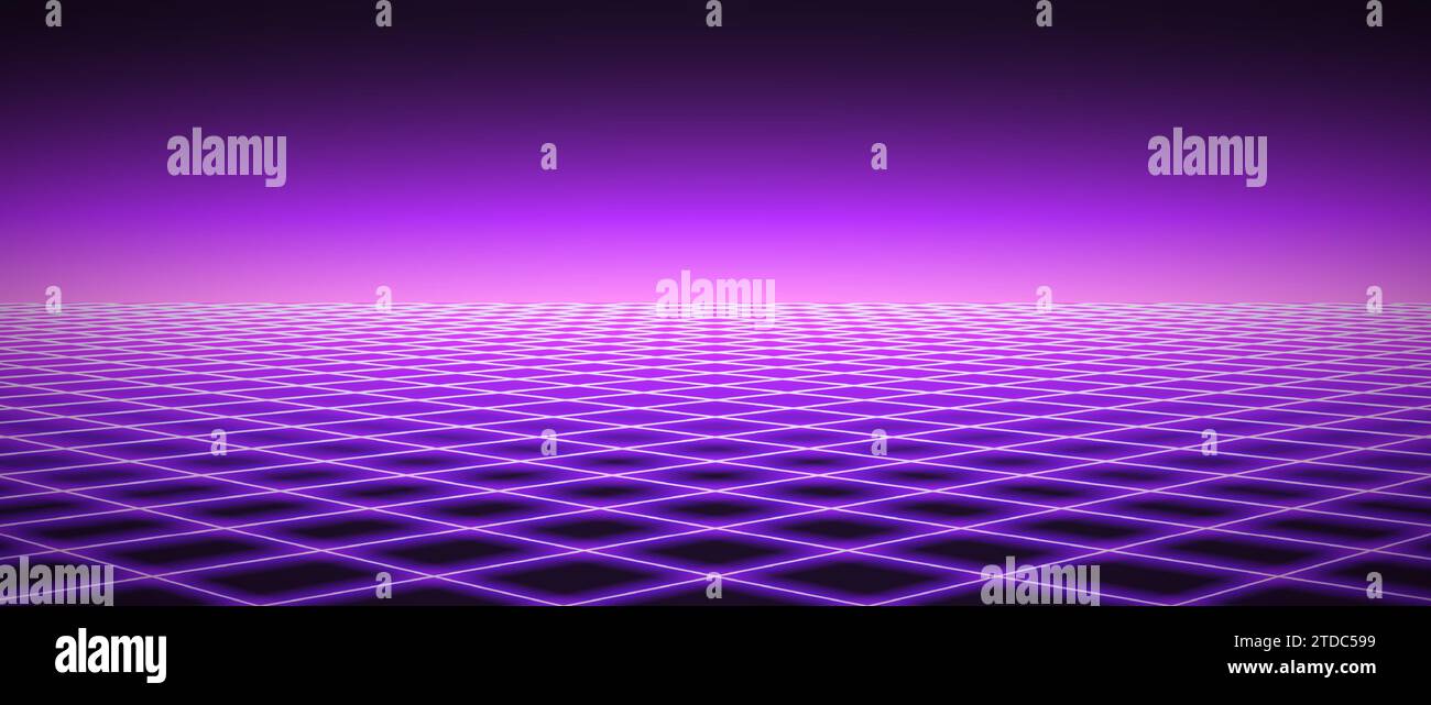 Glowing neon wireframe horizon background. Light purple grid room floor ...
