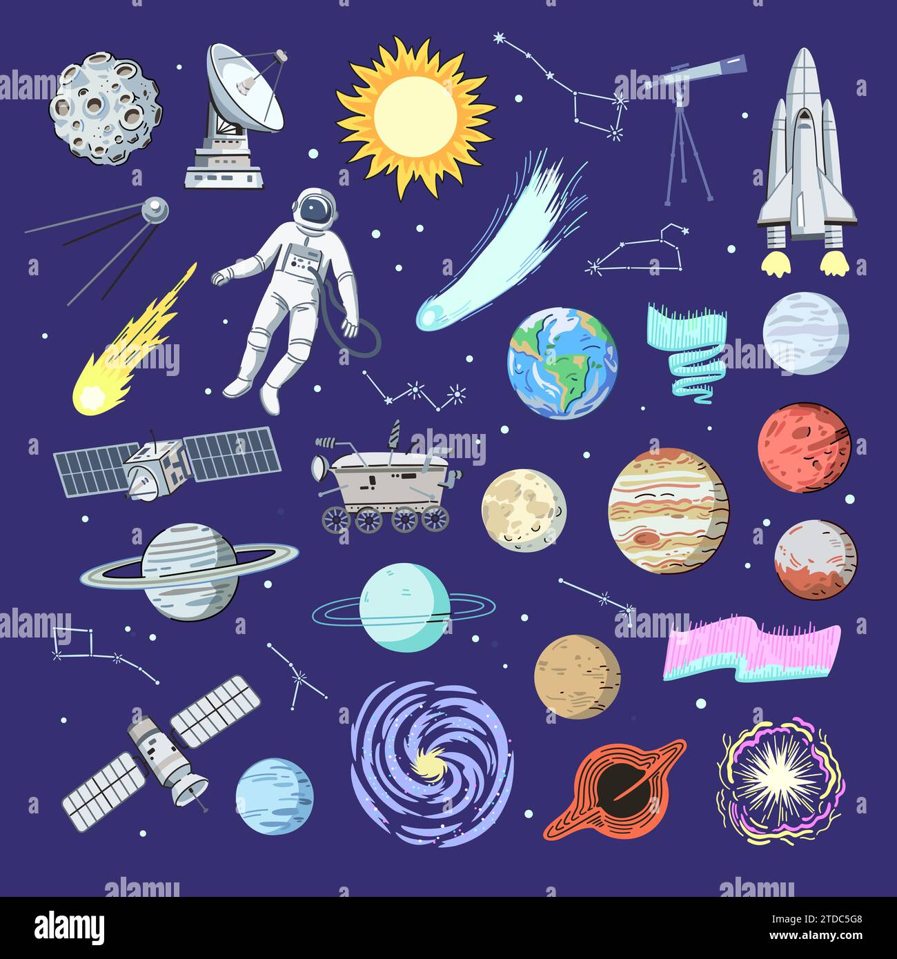 Big set of space elements, planets, rocket, satellites and telescope ...