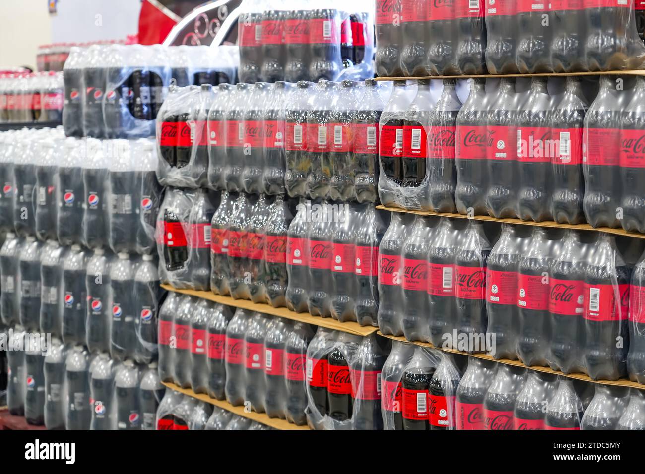 Packaging of plastic Coca-Cola bottles in film on pallets for sale in ...