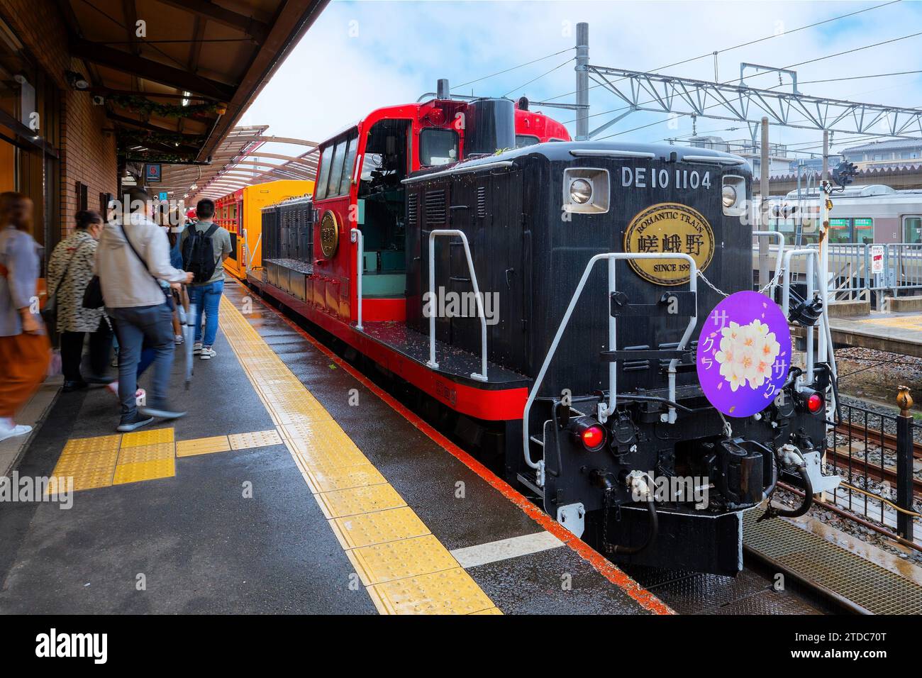 Kyoto, Japan - April 7 2023: The Sagano Romantic train is a charming ...
