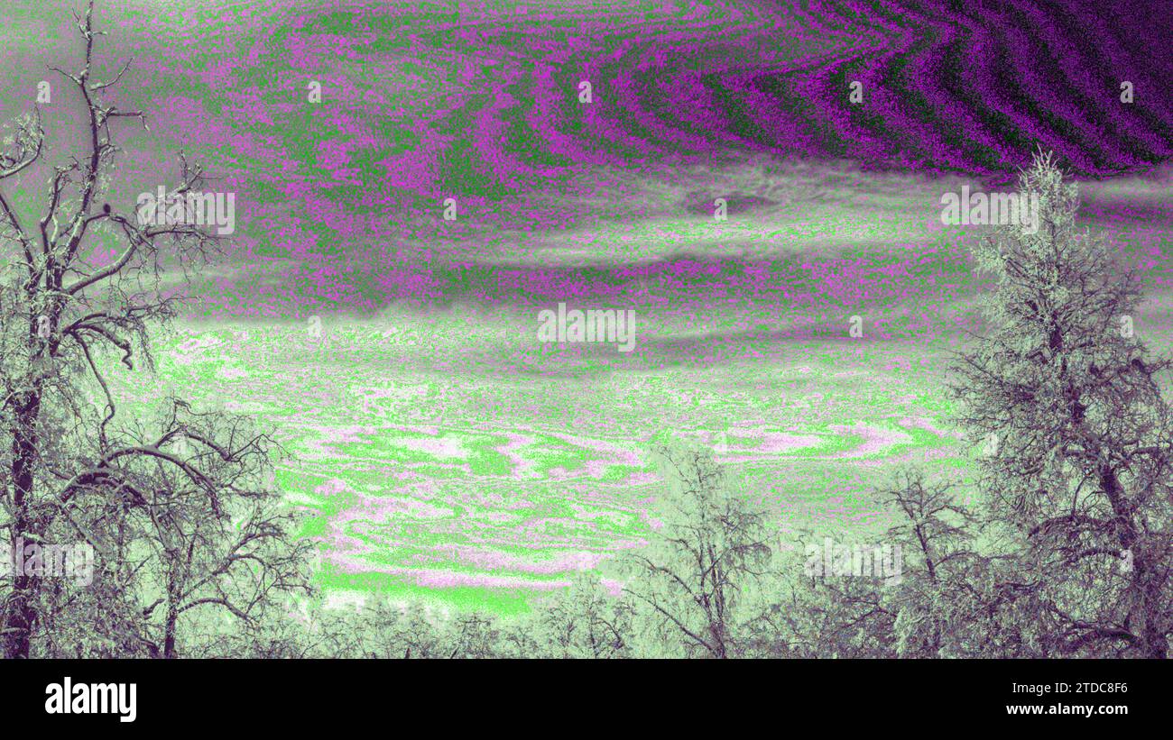 glitchy landscape of frost-covered winter trees with green and purple ...