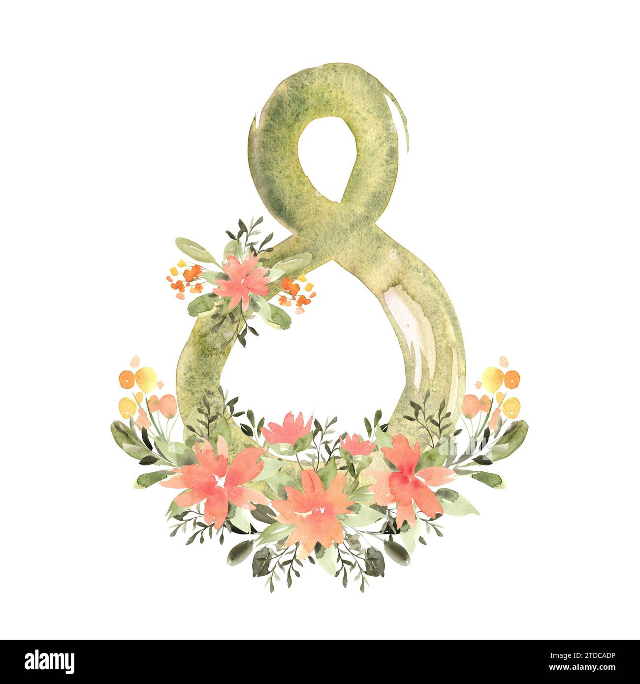March 8, International Women's Day. Floral watercolor 8 with orange ...