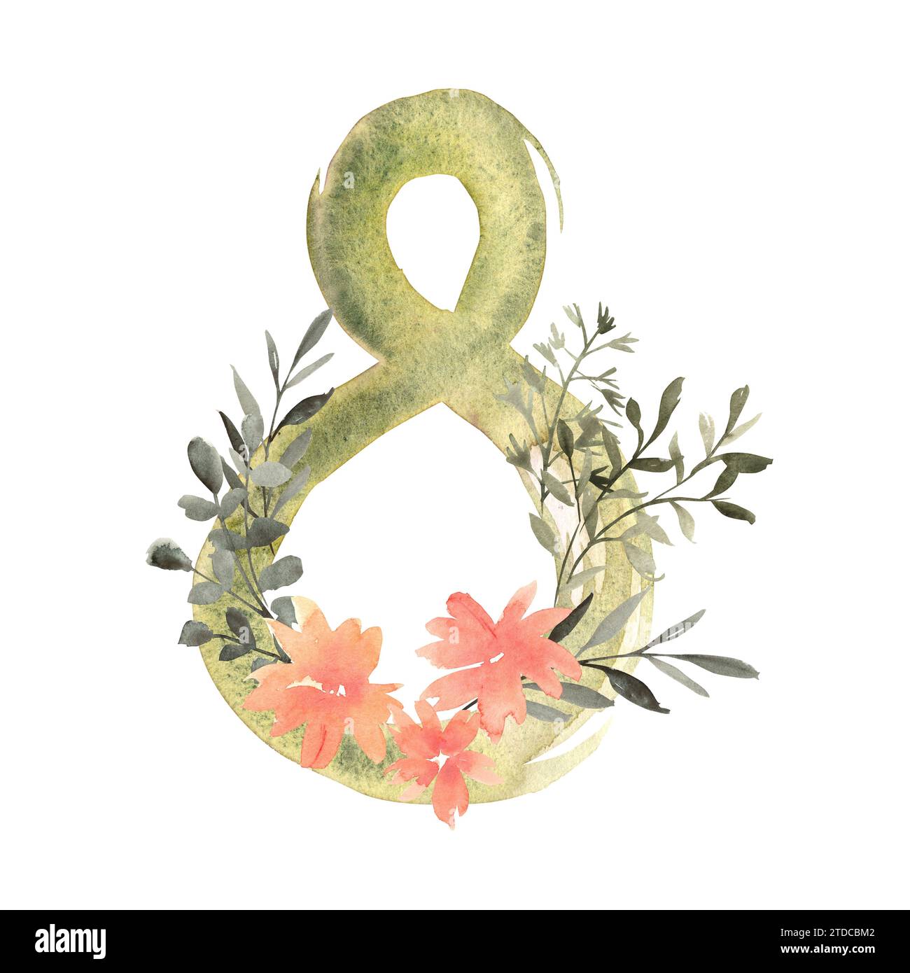 March 8, International Women's Day. Floral watercolor 8 with orange ...