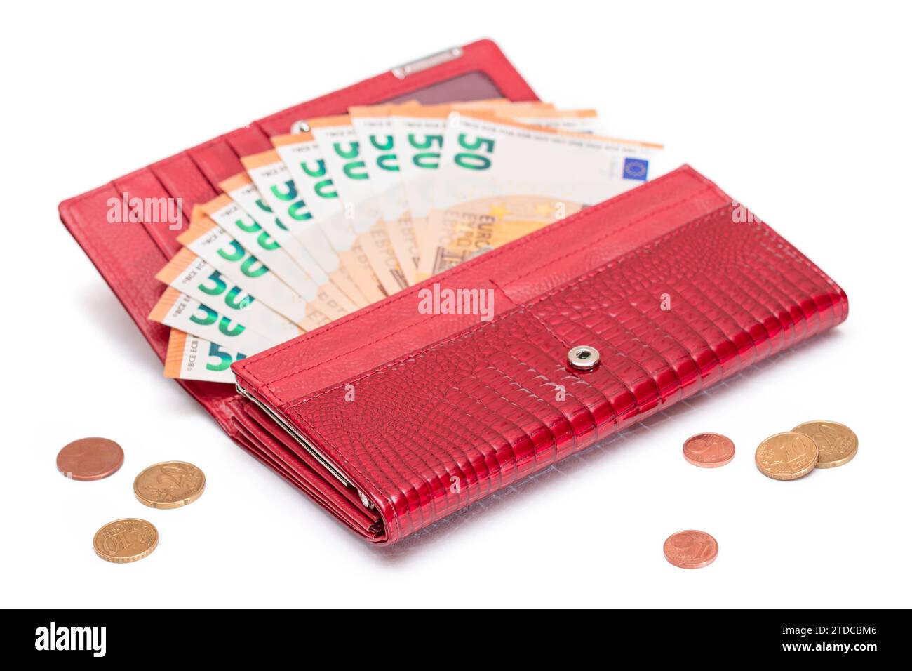 Opened Red Women Purse with 50 Euro Banknotes Inside and Scattered Euro ...