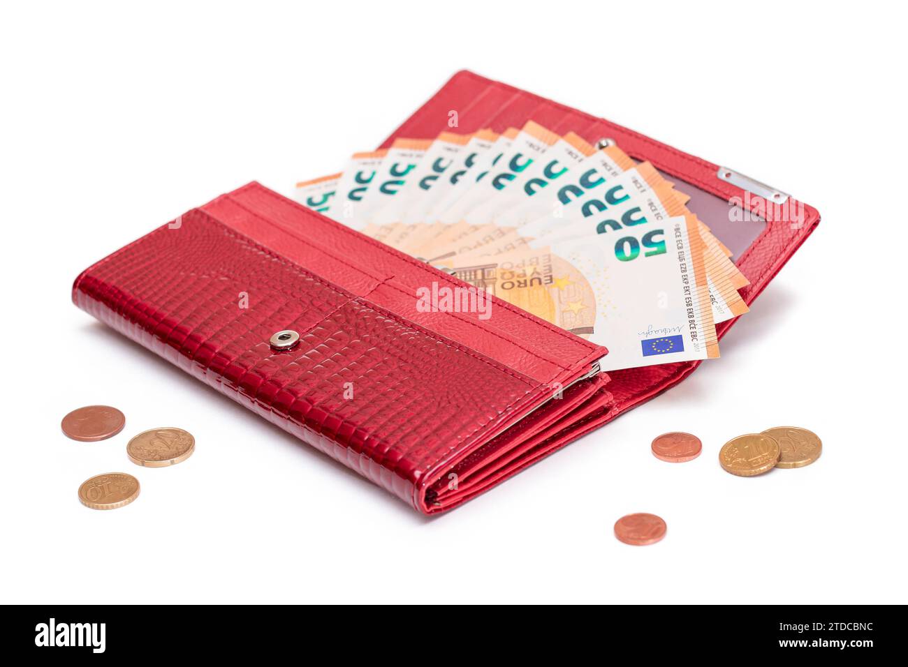 Opened Red Women Purse with 50 Euro Banknotes Inside and Scattered Euro ...