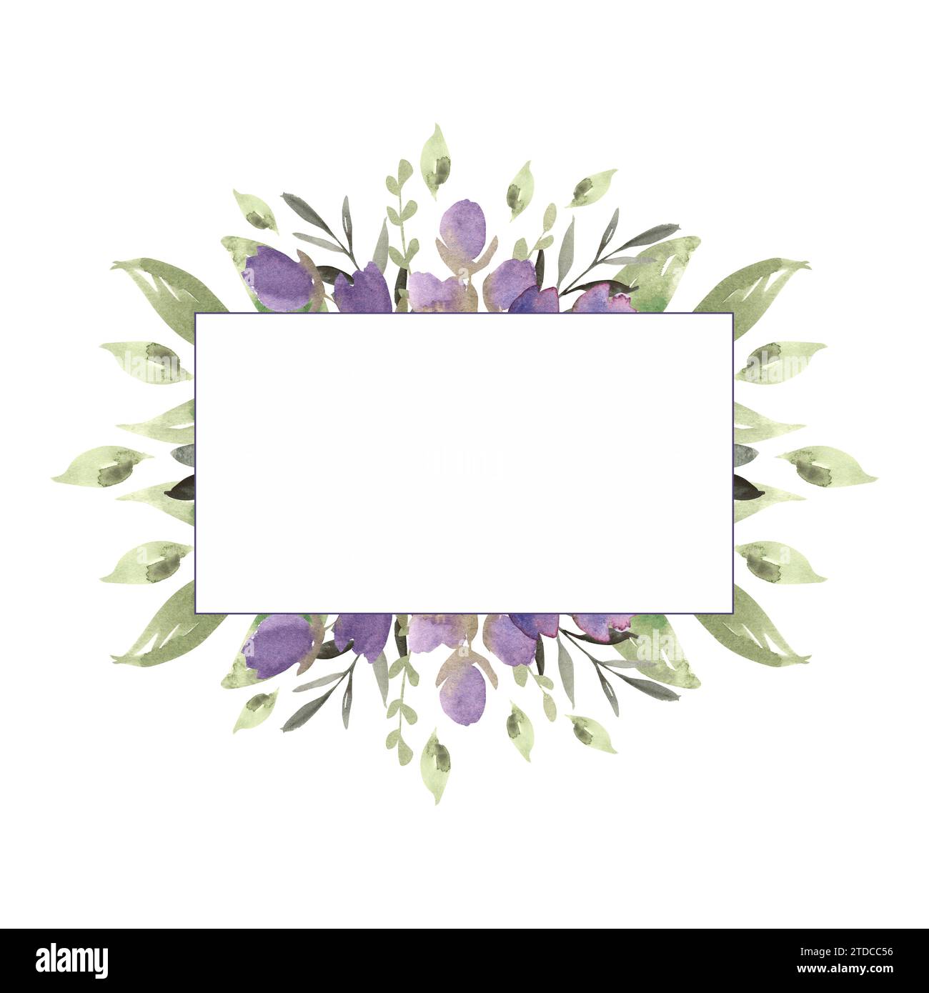 Watercolor floral frame with purple flowers and greenery. Hand drawn ...