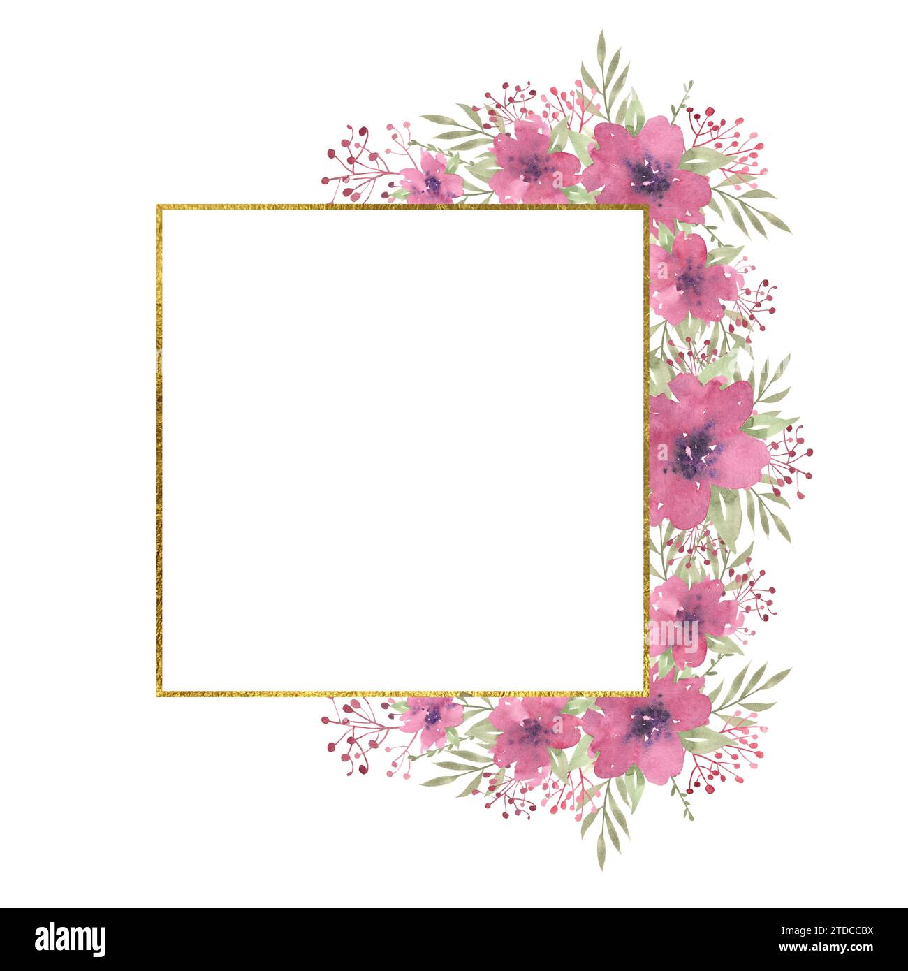 Watercolor floral square frame with compositions of pink flowers and ...