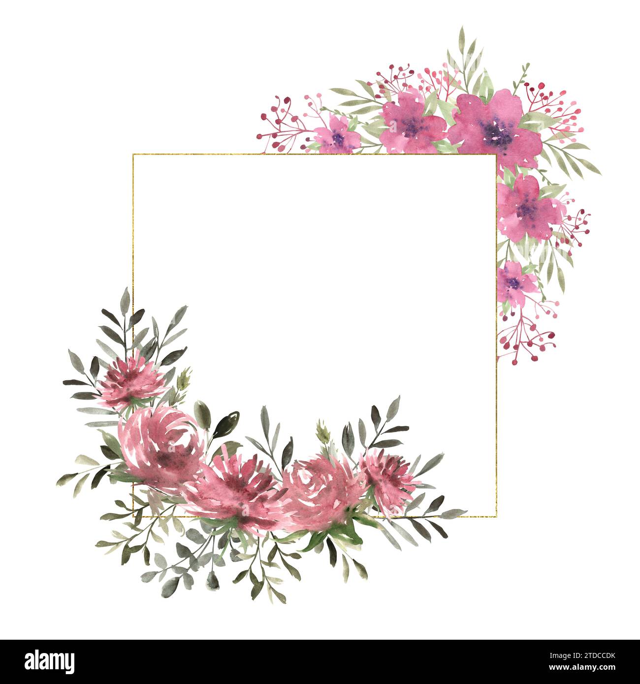 Watercolor floral square frame with compositions of pink flowers and ...
