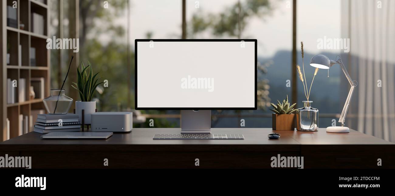 Front view of a modern private office room with a white-screen computer ...