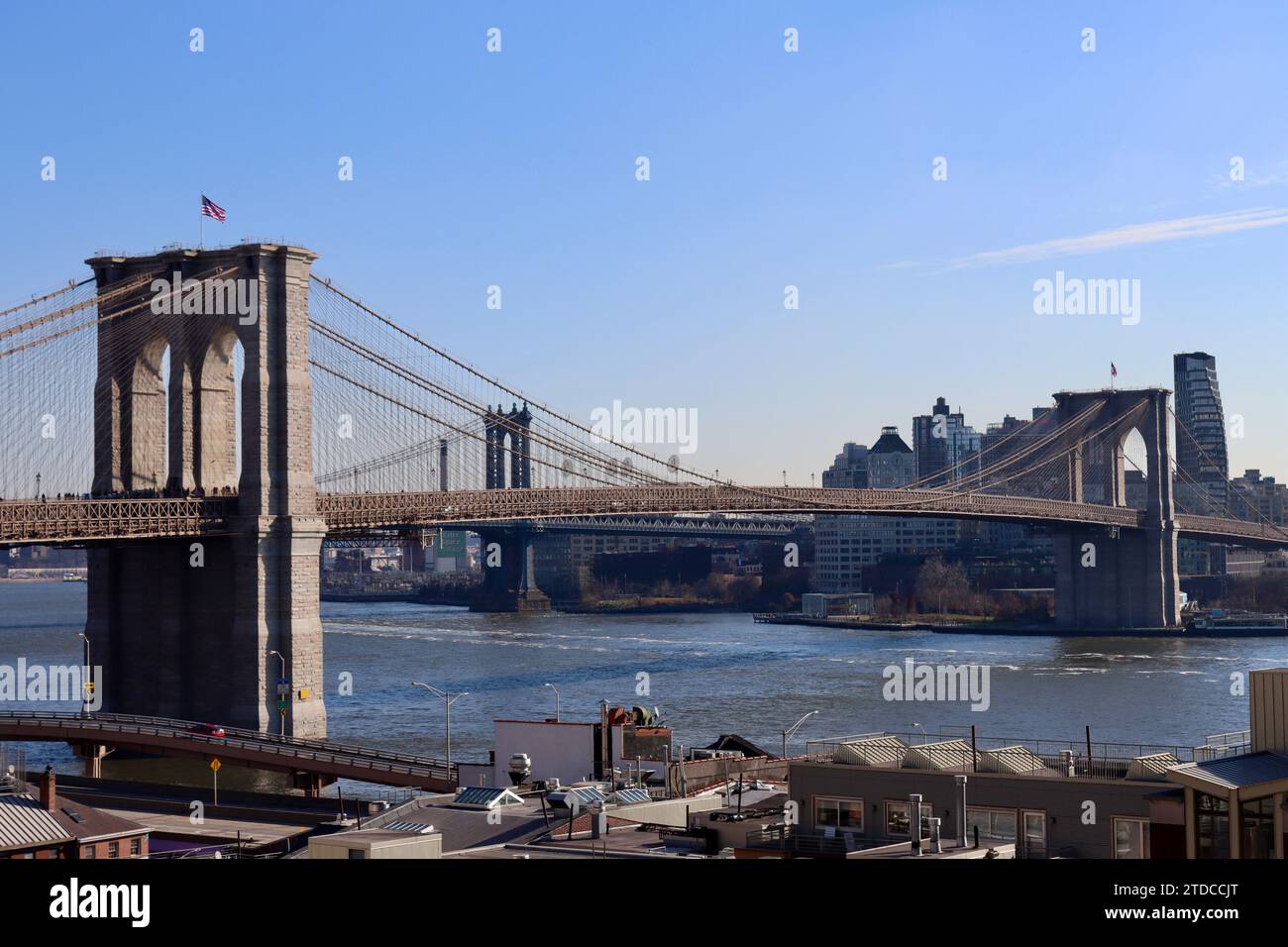 Brooklyn Bridge and Manhattan Bridge seen over the old South Street ...