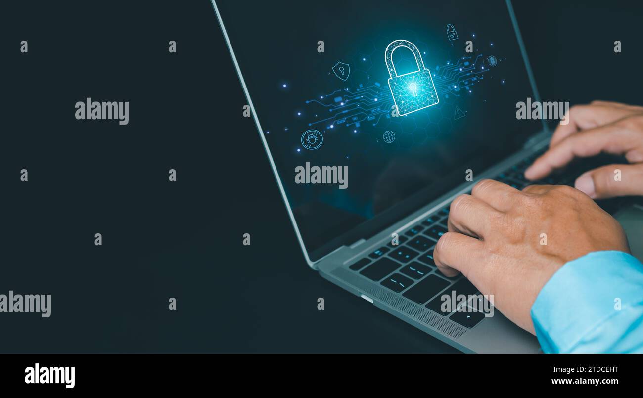 Cyber security and password login concept, Hands uses computer and ...