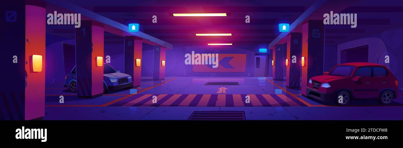 Cars parked at underground parking lot. Vector cartoon illustration of ...