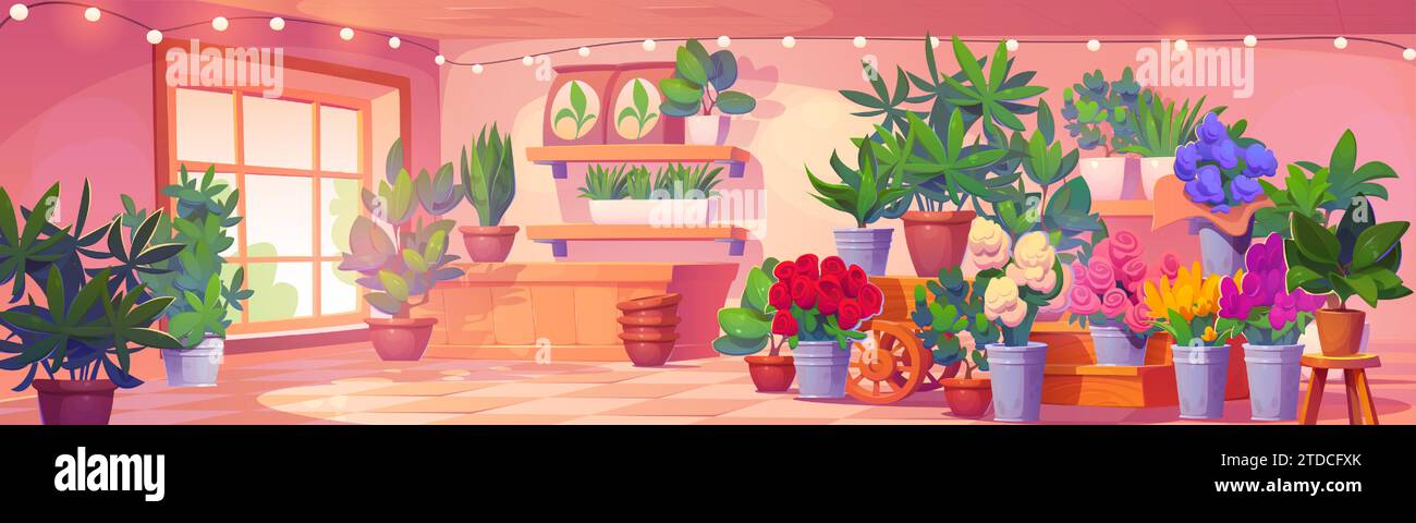 Flower shop interior with plants in pot and vase standing on wooden ...