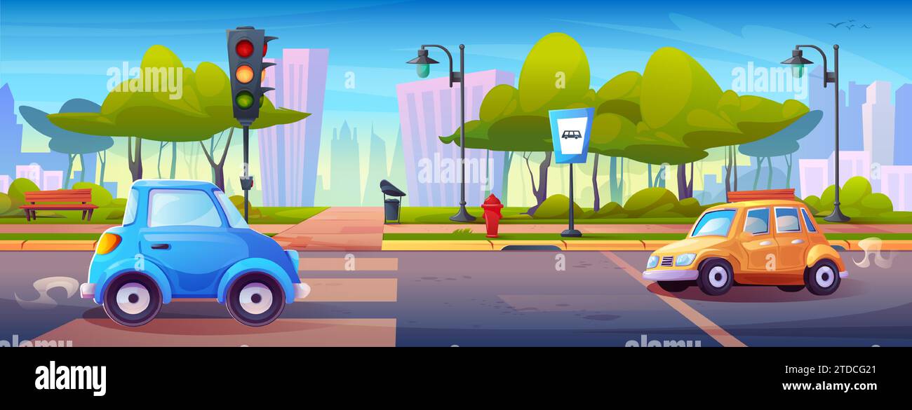 Cartoon summer landscape of city street road with cars, traffic light ...
