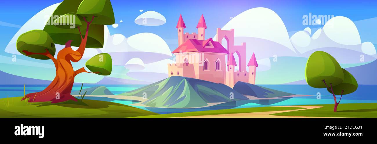 Fairytale royal castle in meadow on island in sea or lake. Cartoon ...