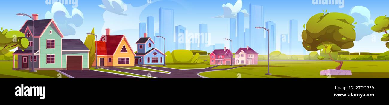 Suburban town street against big city background. Vector cartoon ...