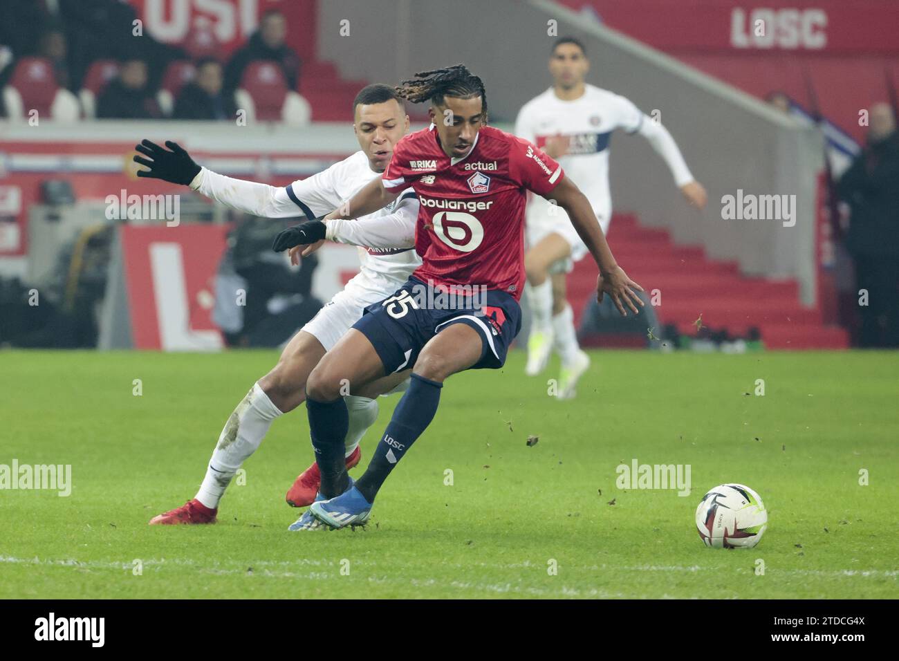 Kylian Mbappe of PSG, Leny Yoro of Lille during the French championship Ligue 1 football match ...
