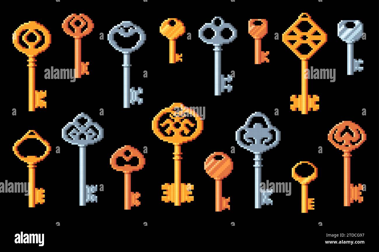 Vintage and modern keys. Pixel art 8bit game icons. Golden and silver ...