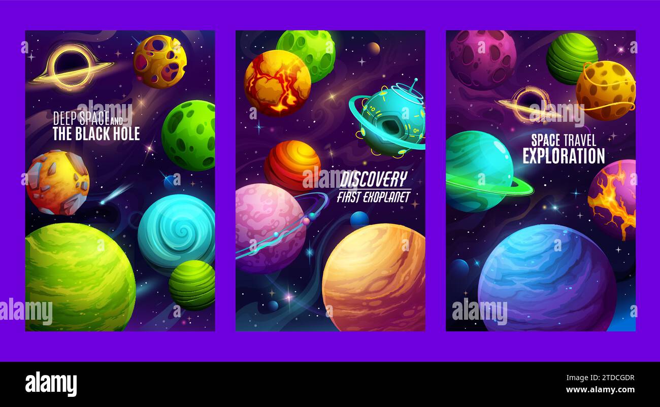 Cartoon galaxy space planets posters, fantasy UFO and alien spacecraft, vector background. Kids ...