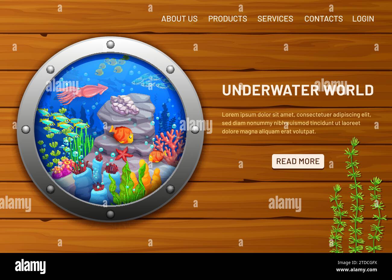 Ship porthole with underwater landscape. Landing page of website vector ...