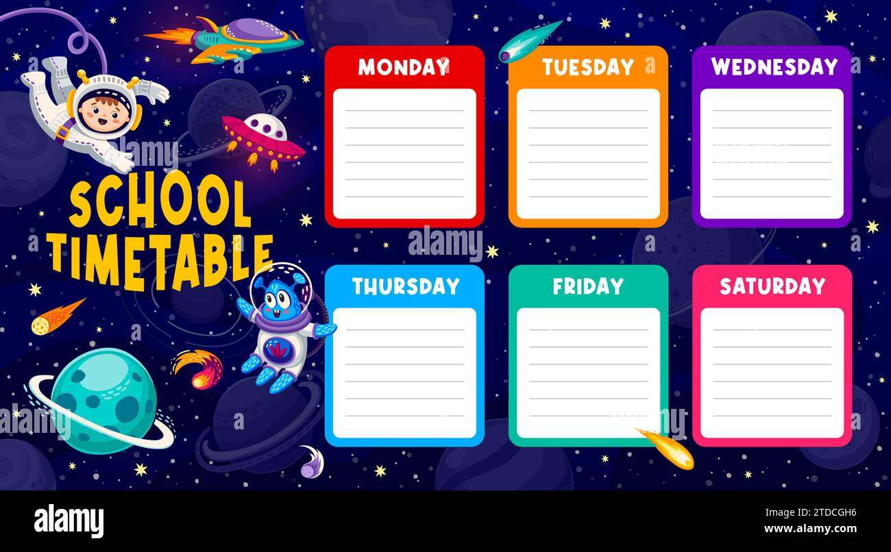Education timetable schedule. Starry galaxy landscape with cartoon kid ...
