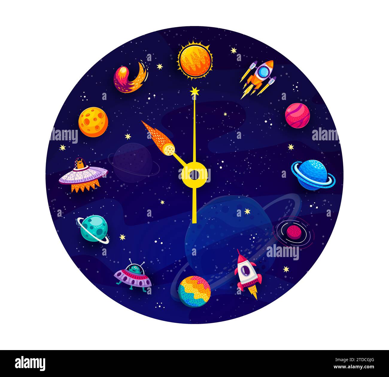 Galaxy clock with space planet, rocket and alien. Astronomy elementary ...