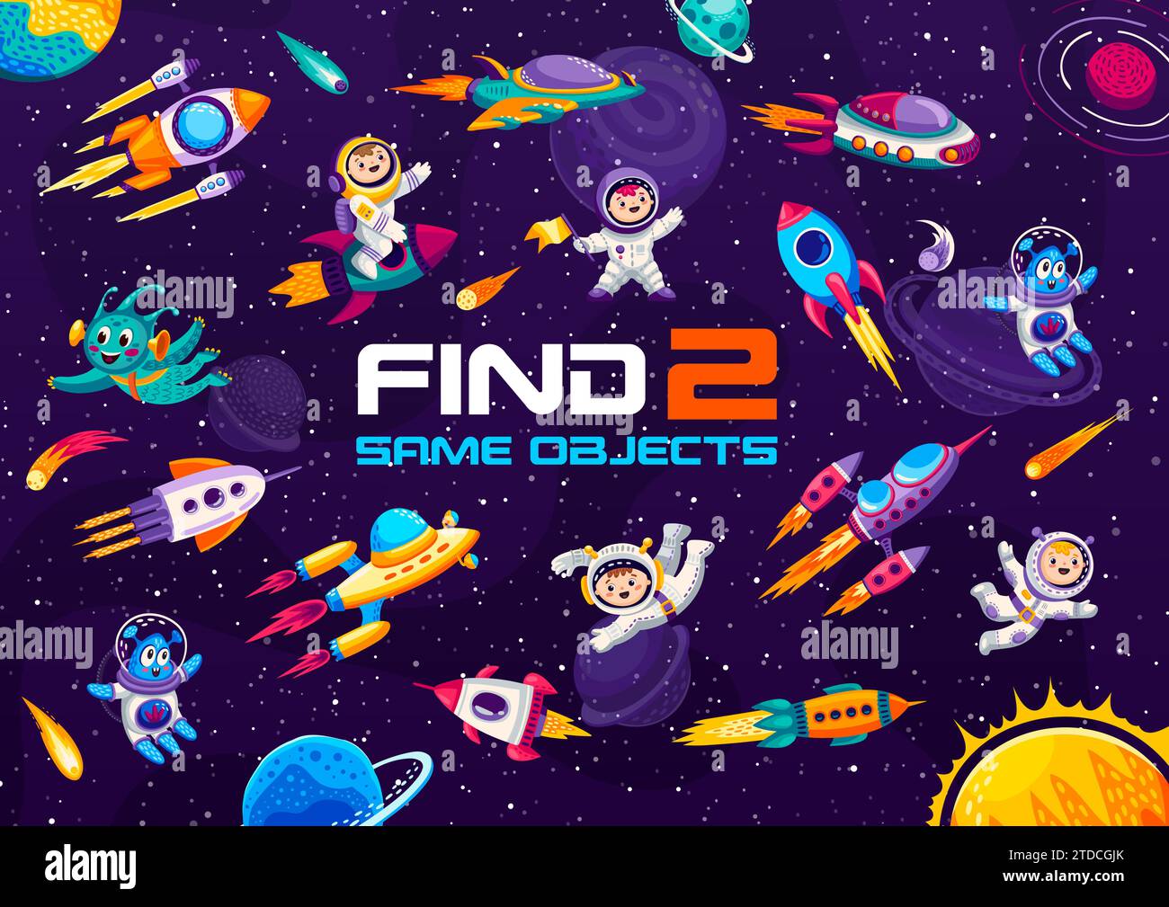 Find two same space objects, cartoon astronaut spaceman with planets ...