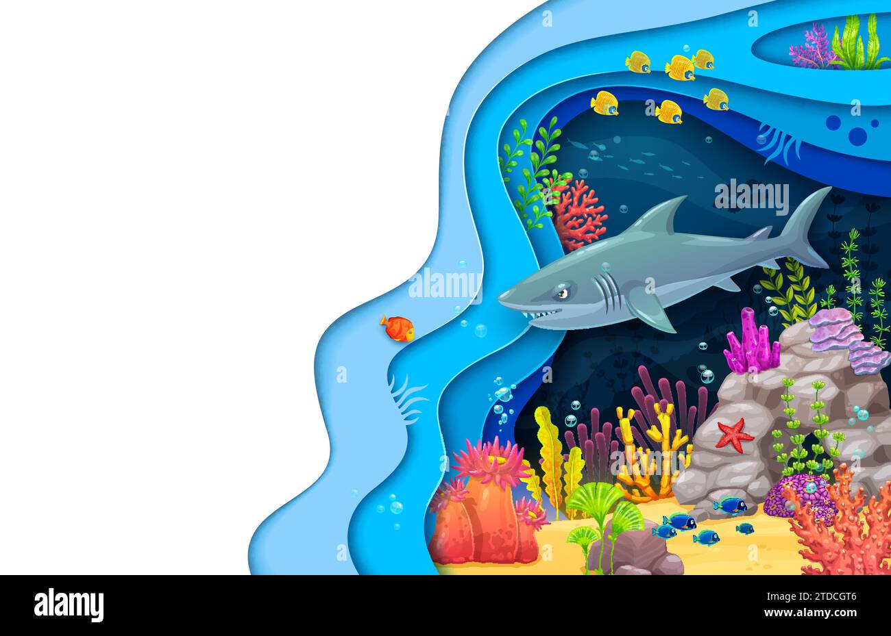Cartoon sea paper cut underwater landscape and angry shark. Vector 3d ...