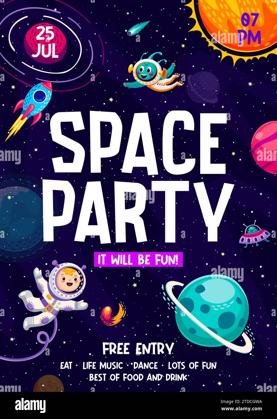Space party flyer of cartoon astronaut and alien characters with rocket ...