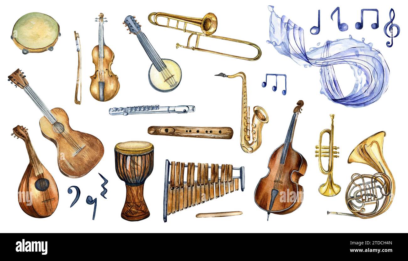 Set of wind musical instruments watercolor illustration isolated on ...