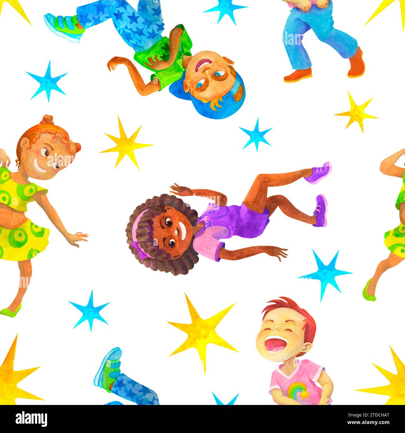 Cartoon seamless pattern with with happy boys and girls dancing and ...