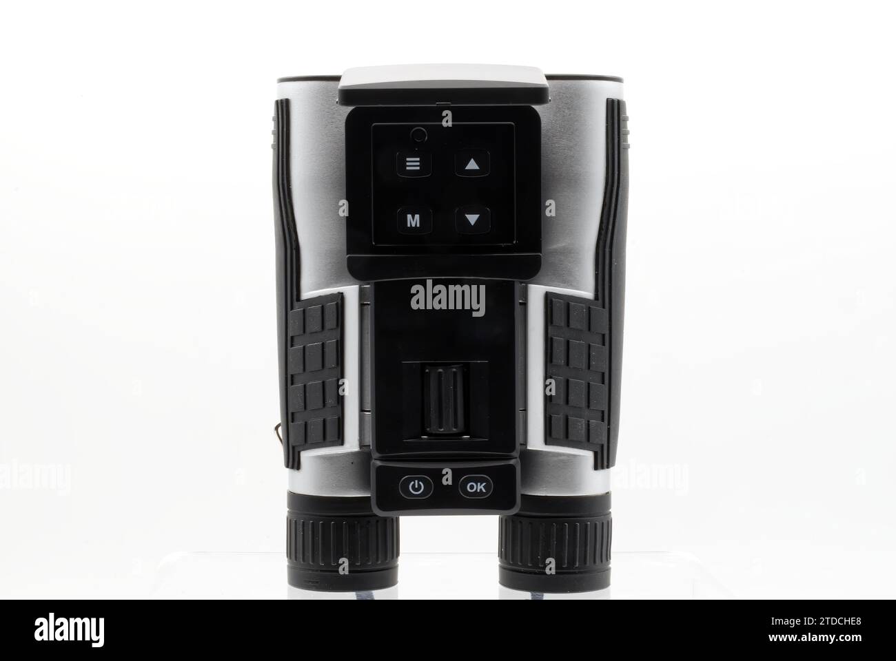 Modern Binoculars with digital camera LCD display isolated on white ...