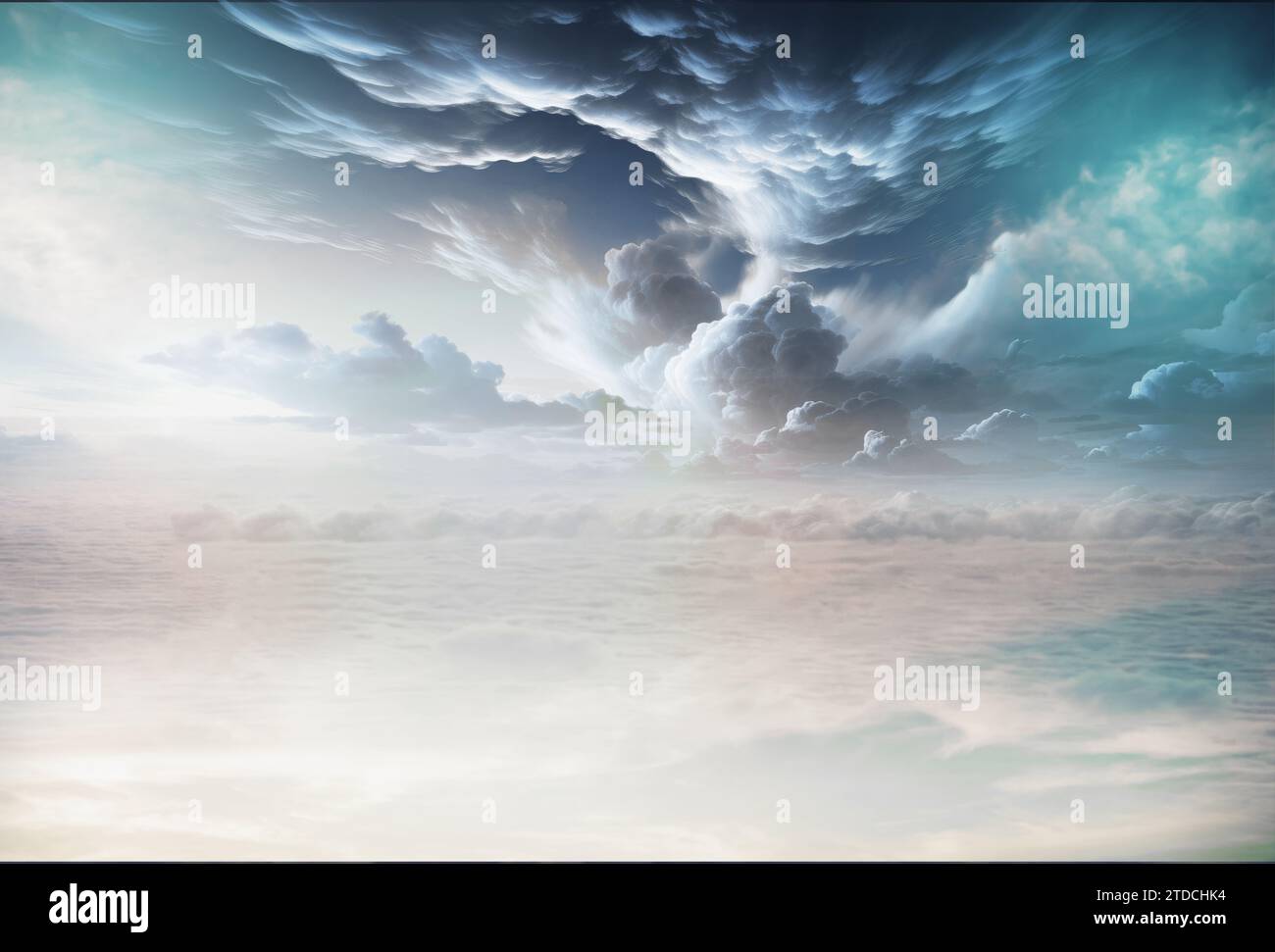 The sky is turquoise blue with some clouds. View above the clouds ...